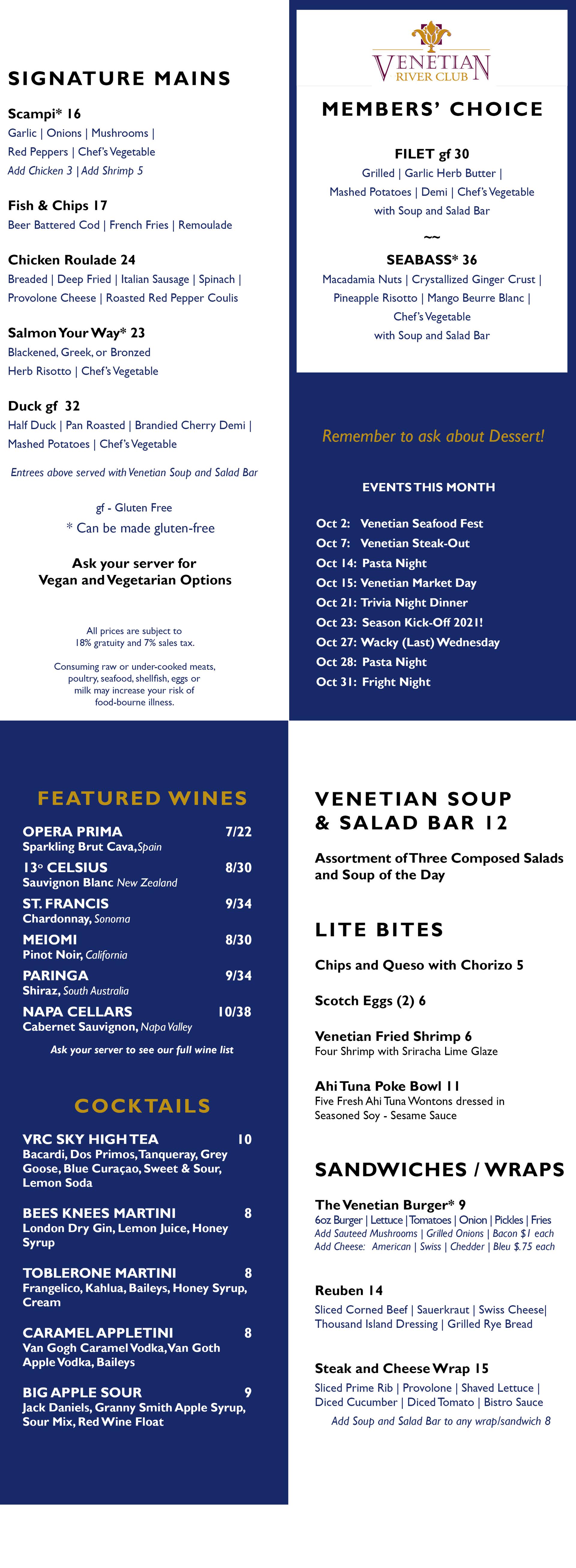 Venetian Dinner 5:00 pm - 7:40 pm - 10/6/2021 - Venetian River Club
