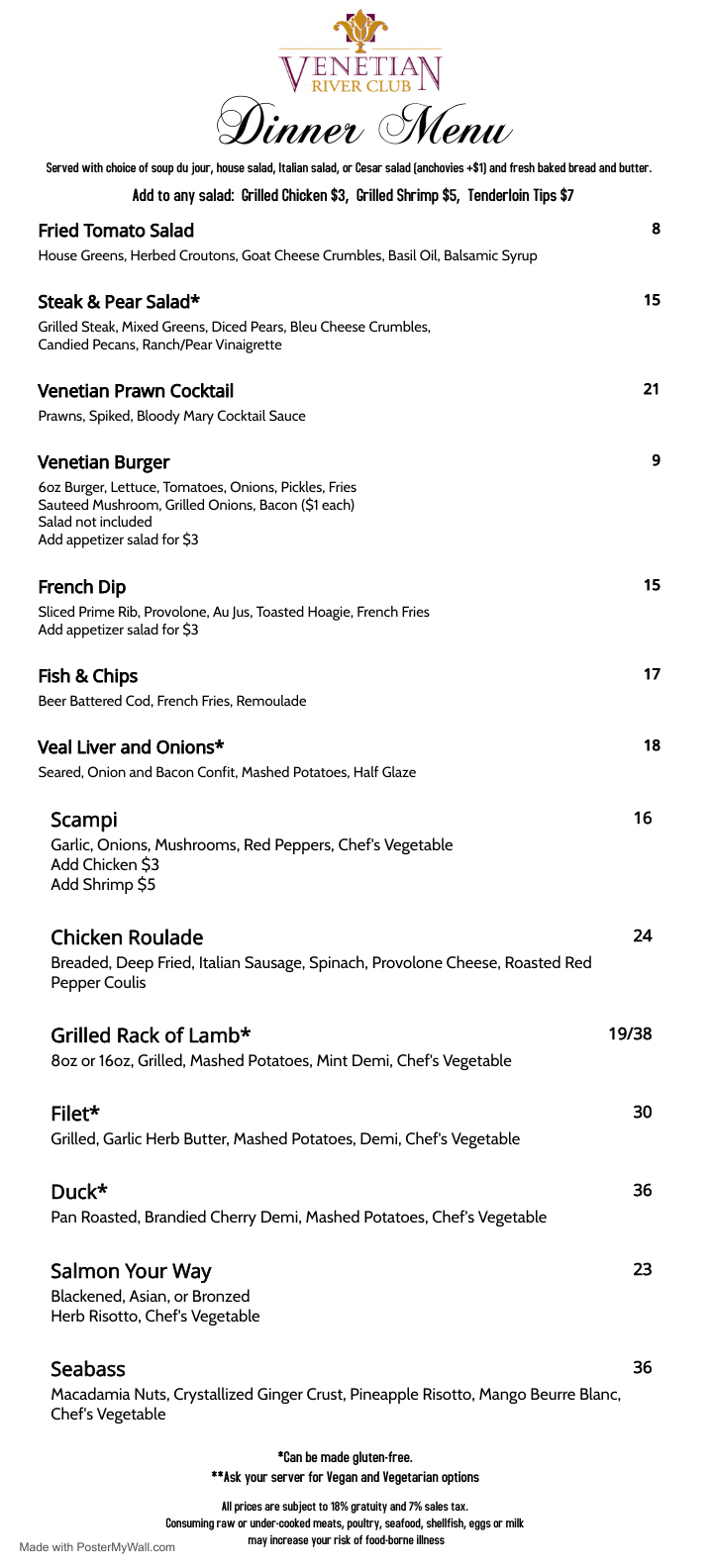 Venetian Dinner 5:00 pm - 7:40 pm - 4/9/2021 - Venetian River Club