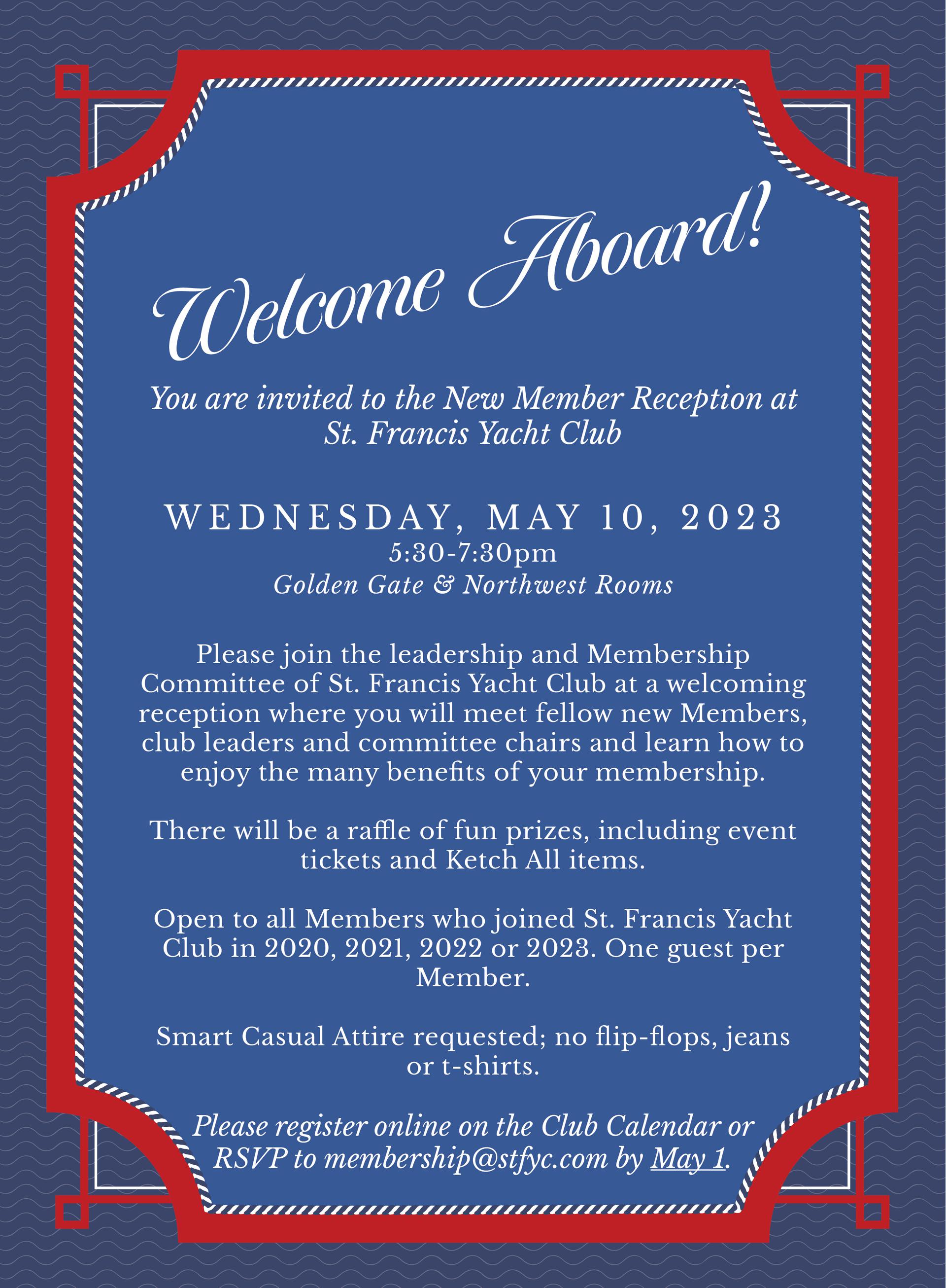 5:30PM - New Member Reception - 5/10/2023 - St. Francis Yacht Club