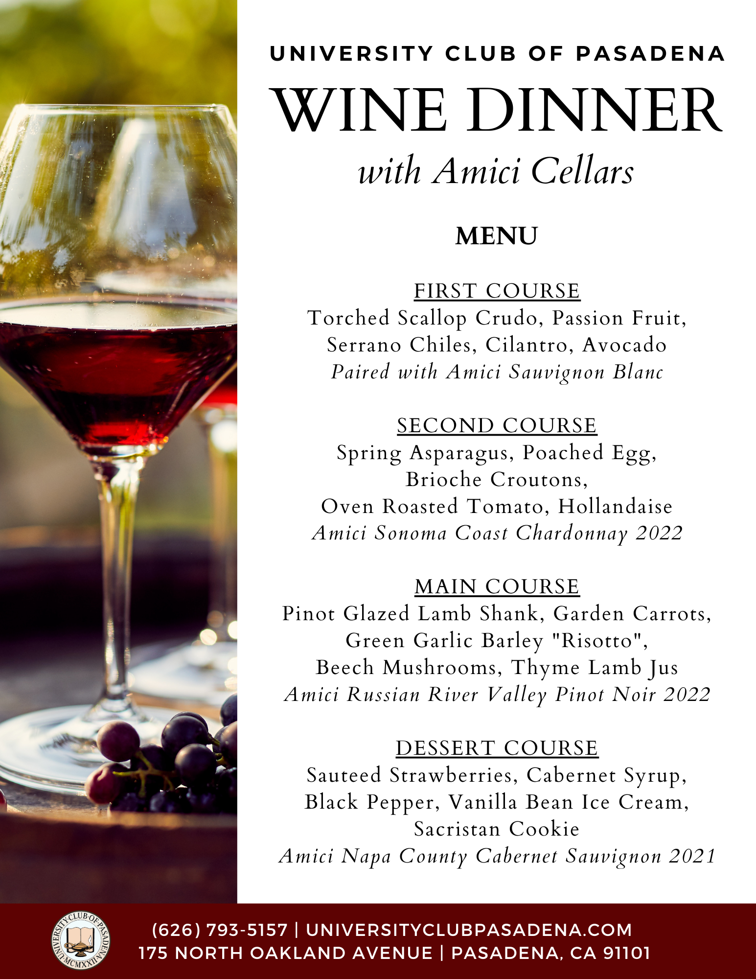 Wine Dinner with Amici Cellars - 5/3/2024 - University Club of Pasadena