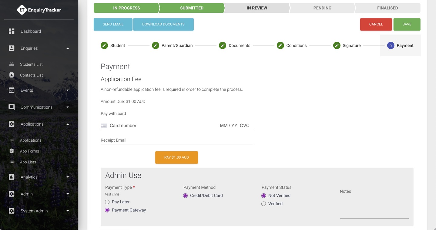 Payment gateway, creating apps & emails - August 2021 – Enquiry Tracker
